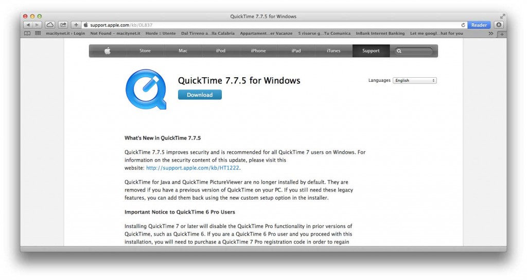QuickTime 7, disponibile update di sicurezza per Windows - macitynet.it